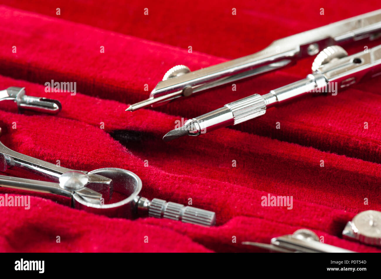 closeup compass (drawing tool) with the box set as background Stock ...