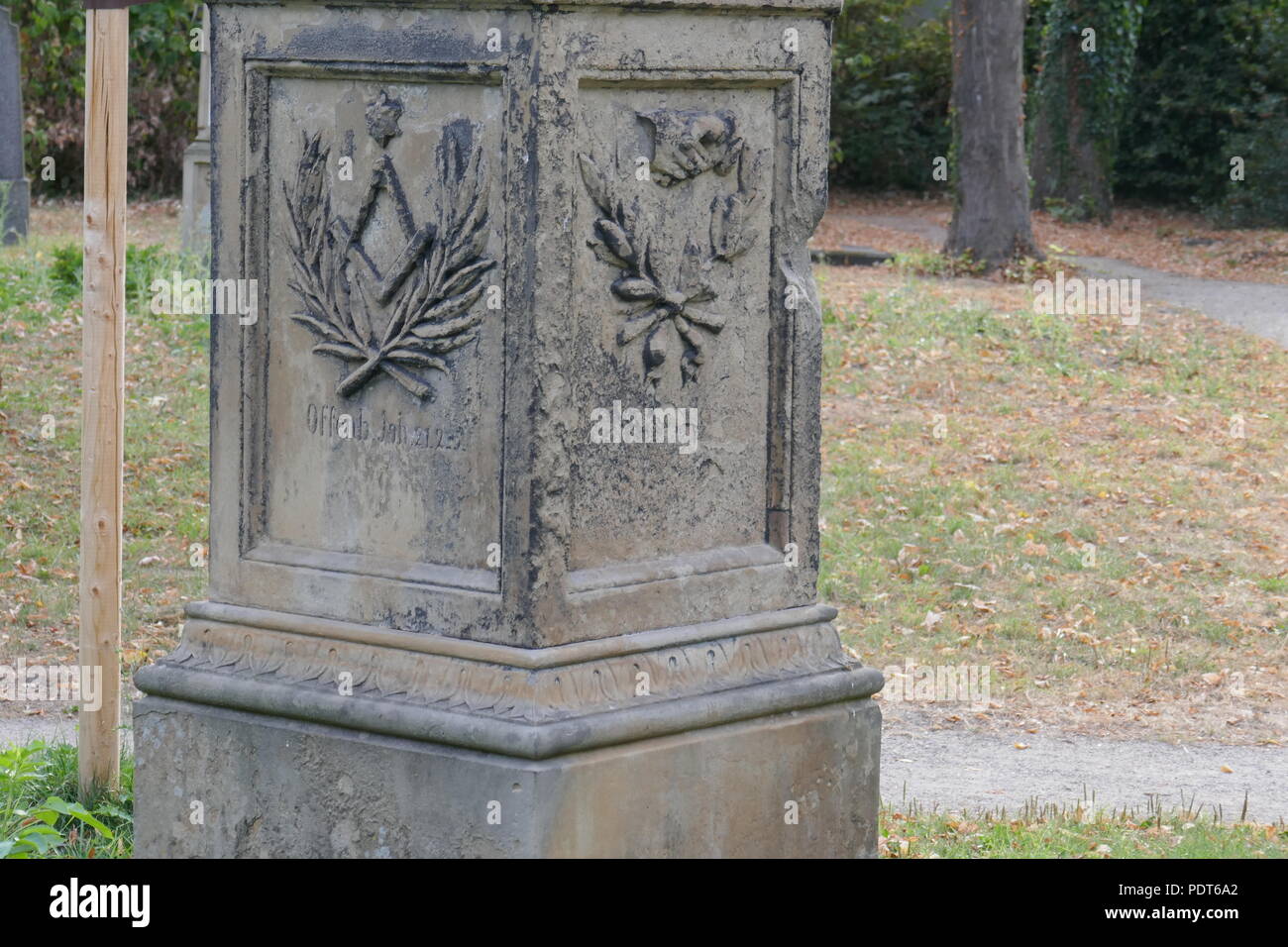 Gravestone with Masonic symbols on the old Protestant cemetery, Velbert ...