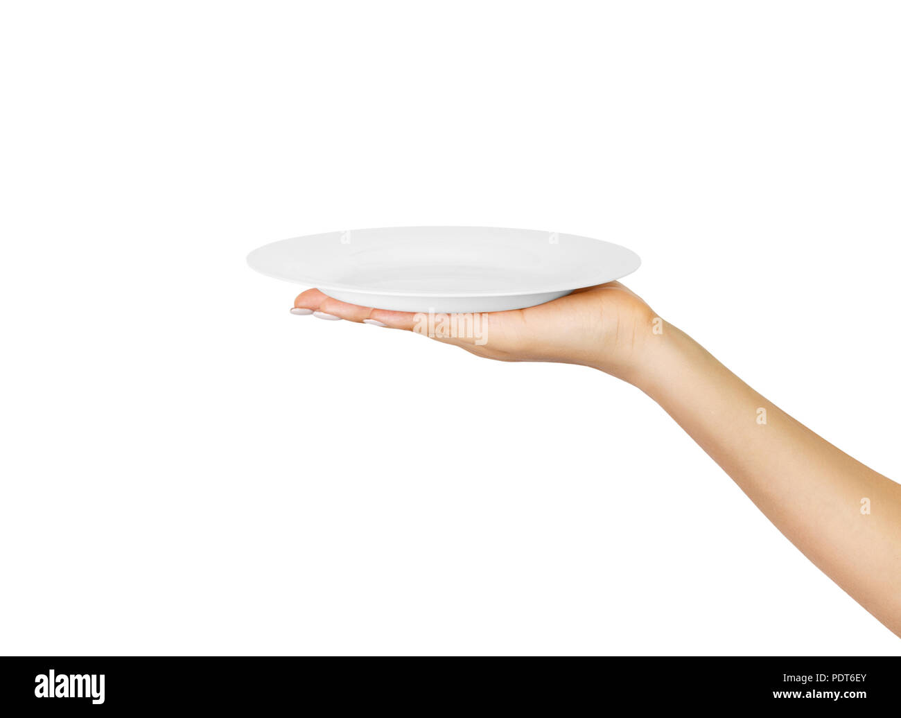 Blank empty round plate in female hand. perspective view, isolated on ...