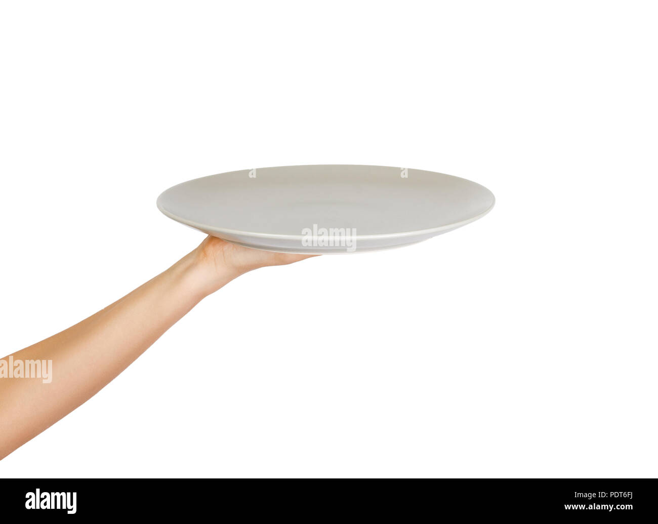 white kitchen plate on hand on white background. perspective view ...