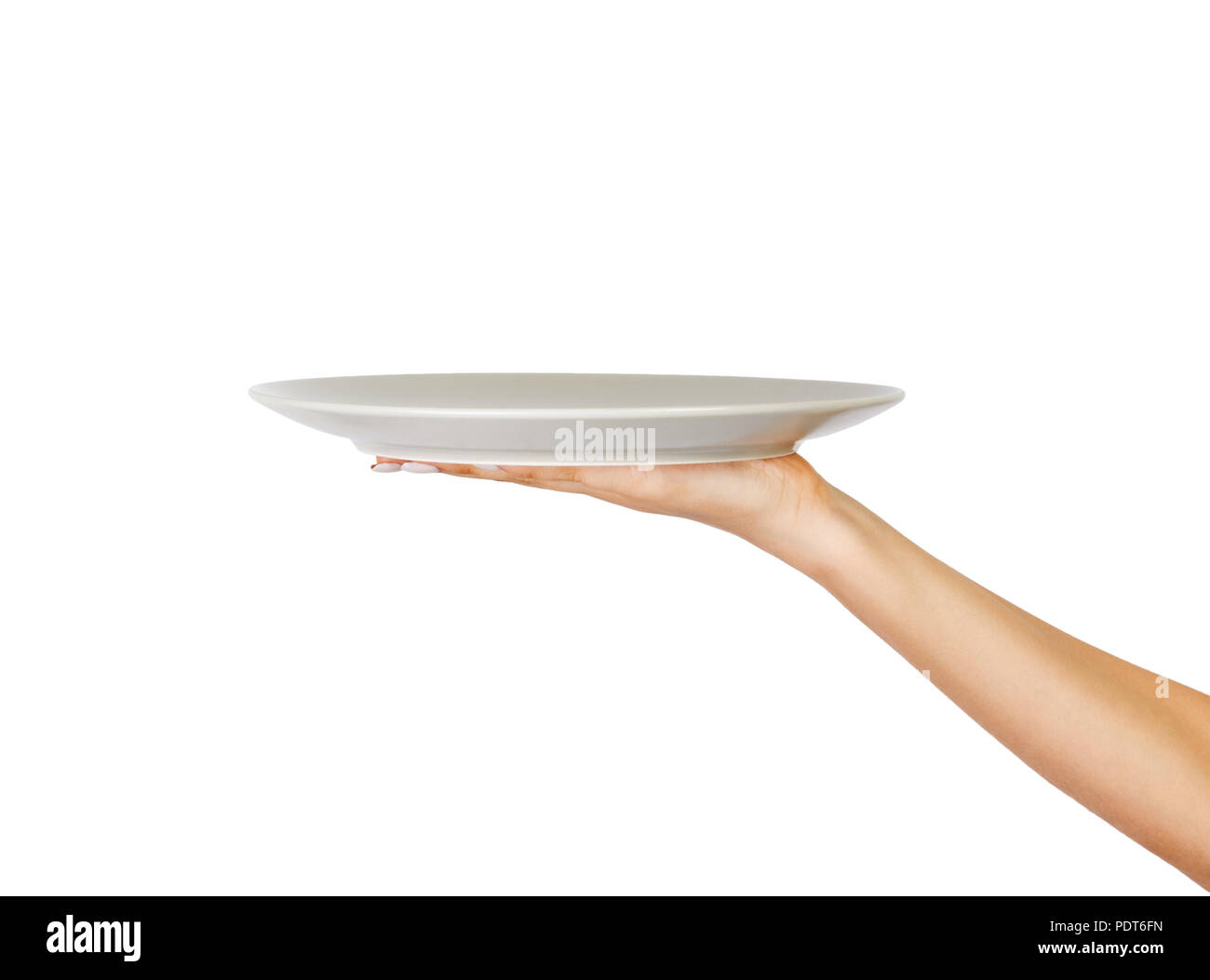 human hand with blank plate isolated on white background. perspective ...