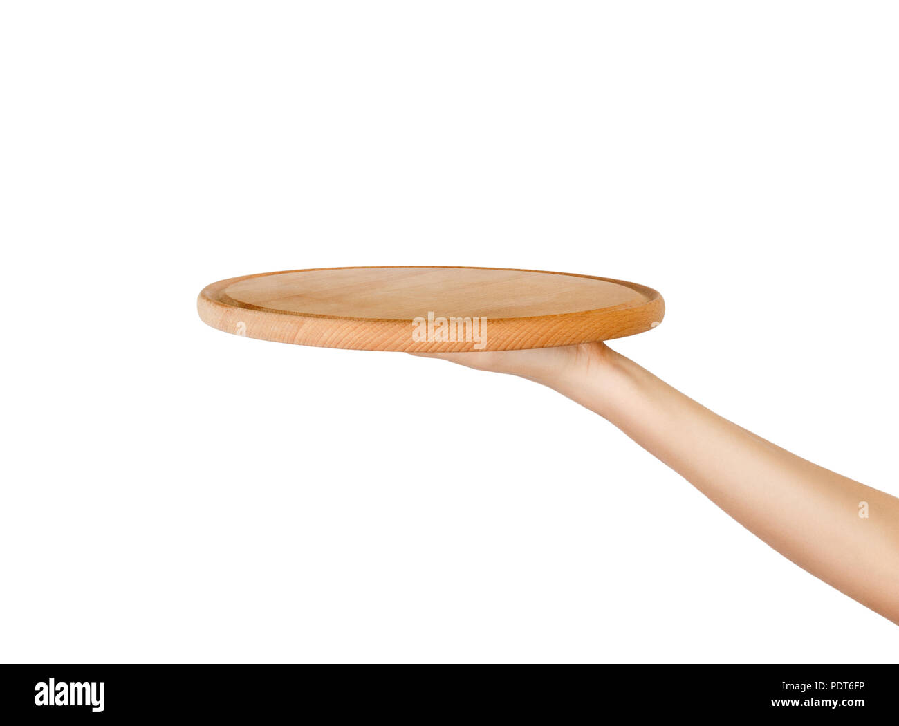 Hand holding wooden plate isolated on white background with copy space ...