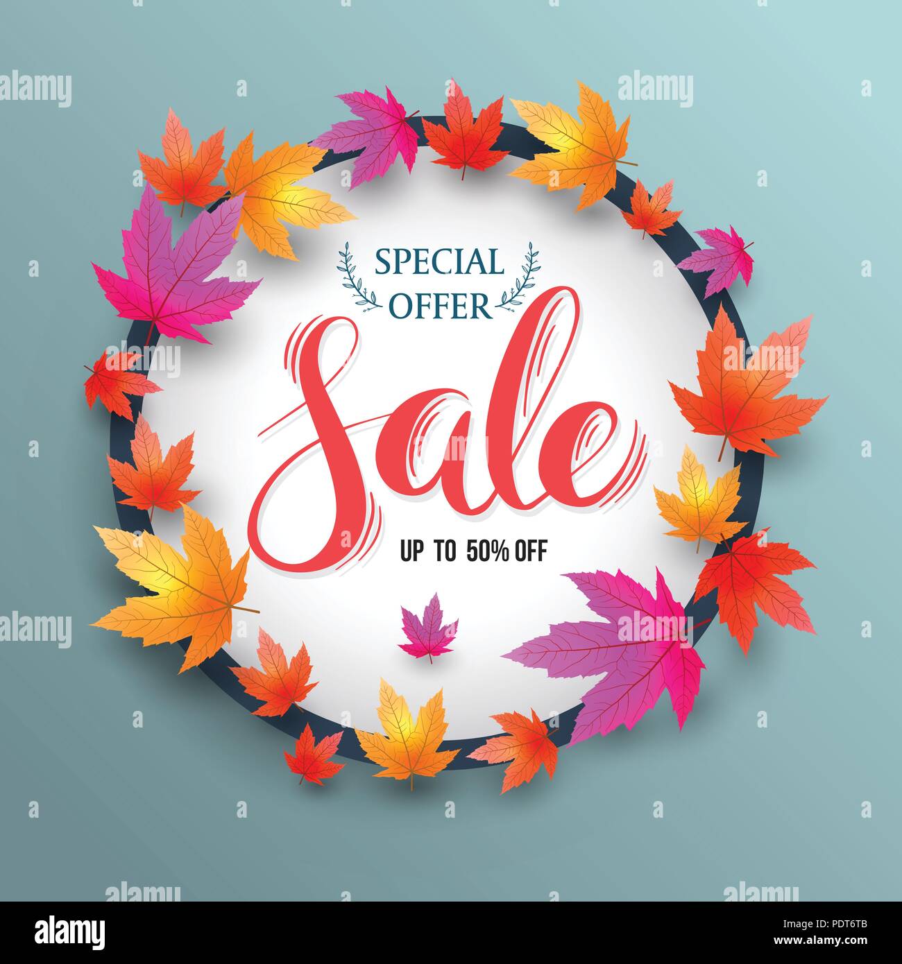 Sale lettering banner circle with maples. Vector illustration Stock ...