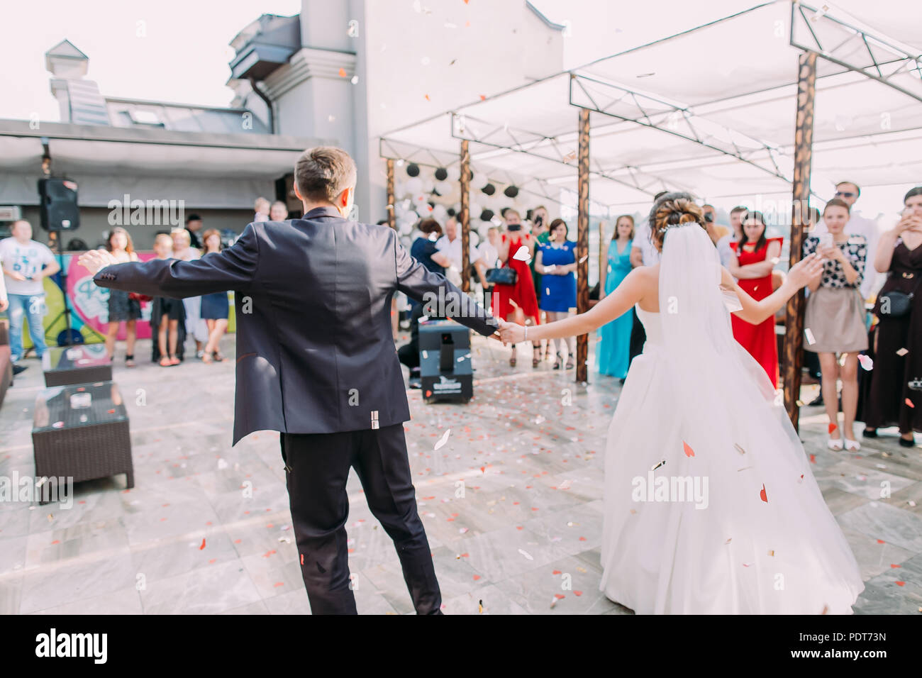 The back view of the dancing newlywed couple in the rain of confetti ...