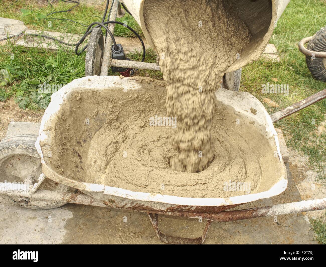 Concrete mixer detail. Making concrete in the mixer at the construction ...