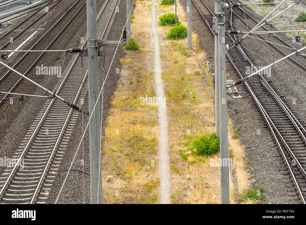 Alienated image of a footpath running between two railway tracks for ...