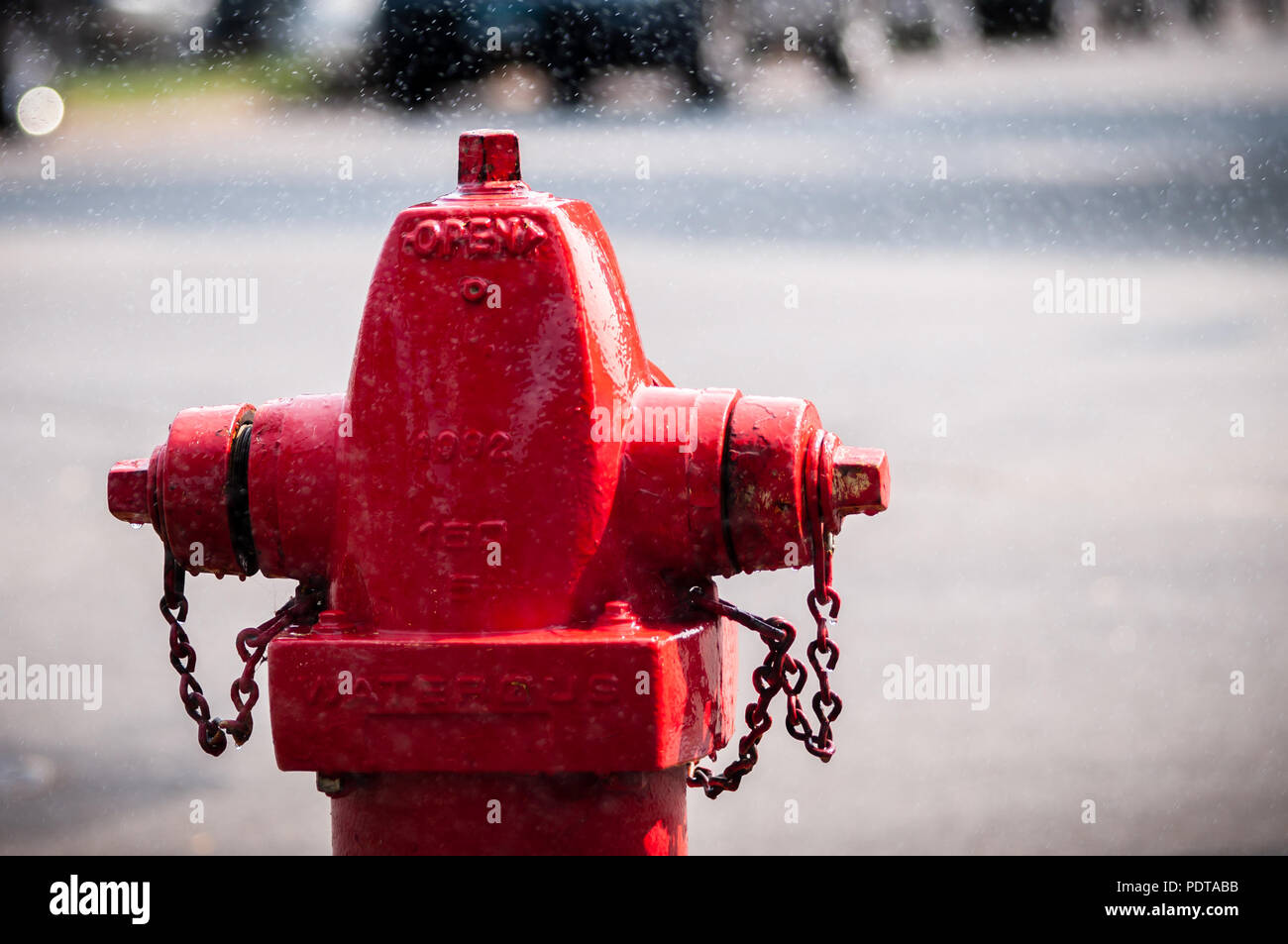 Red city fire hydrant in a cityscape environment with a city street in ...