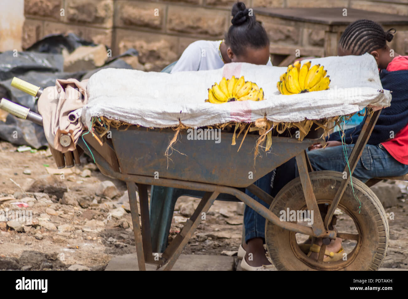 Wheelbarrow serving young women sell banana bunches on a street in ...
