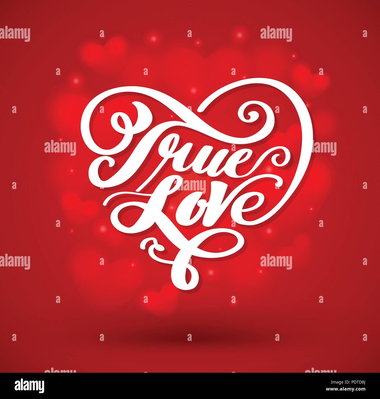 True love lettering on red hearts background. Vector illustration for ...