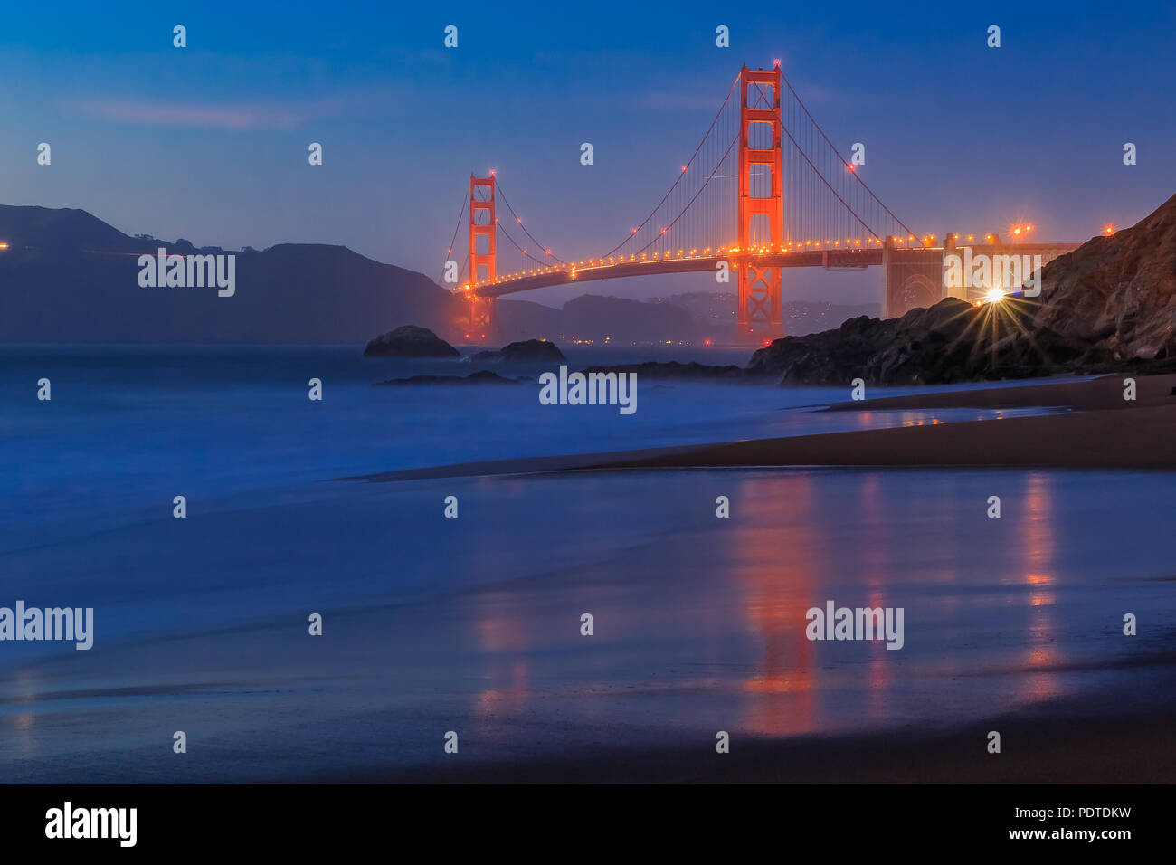 Famous Golden Gate Bridge view from Baker Beach at sunset in San ...
