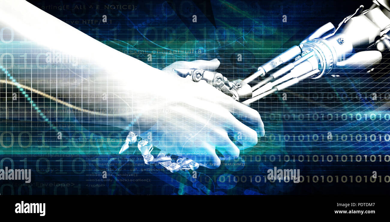 Engineering Technology with Robotic Arm and Human Hand Handshake Stock ...