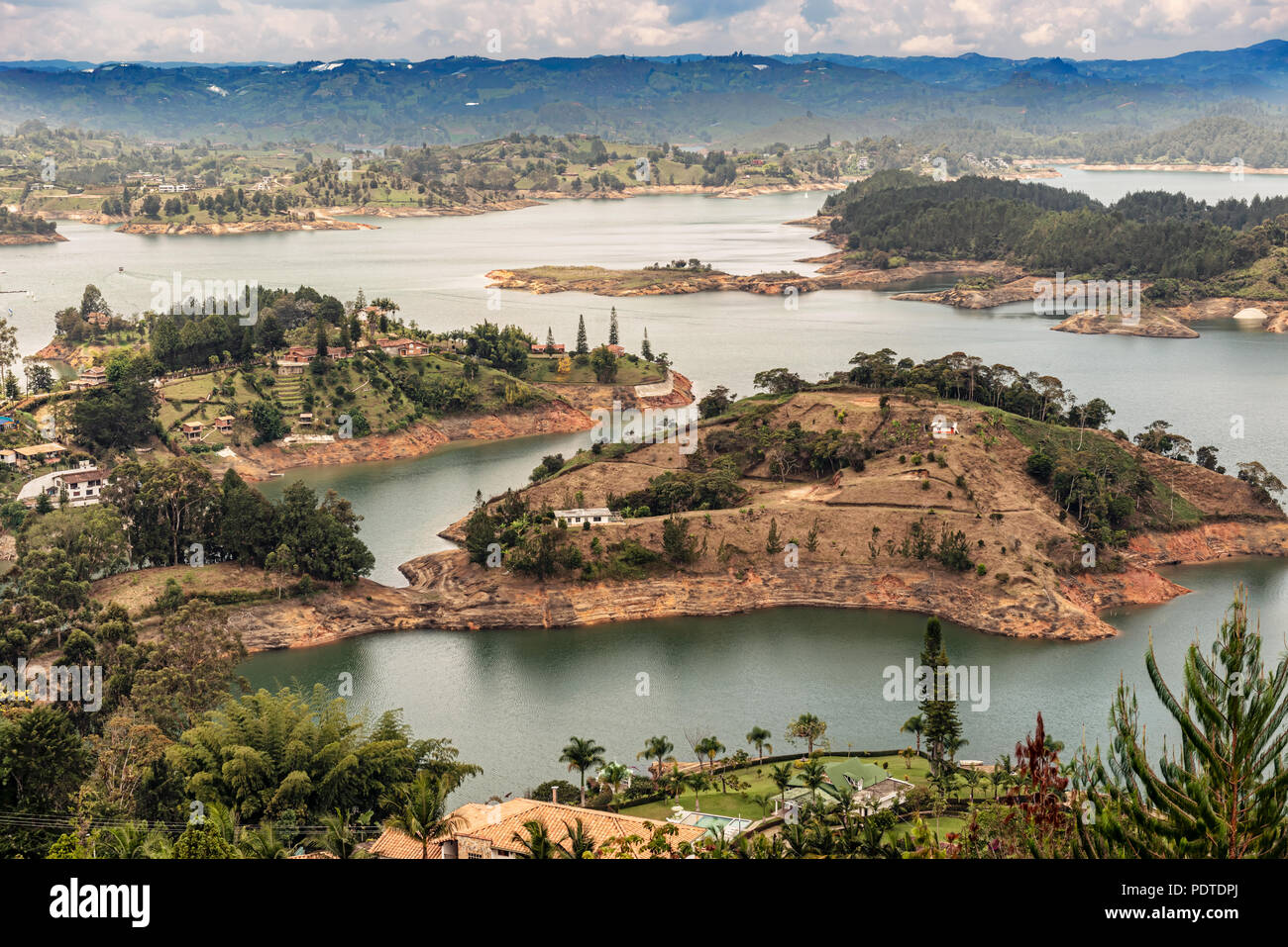 Aerial view of Guatape, Penol, dam lake in Colombia as seen from the ...