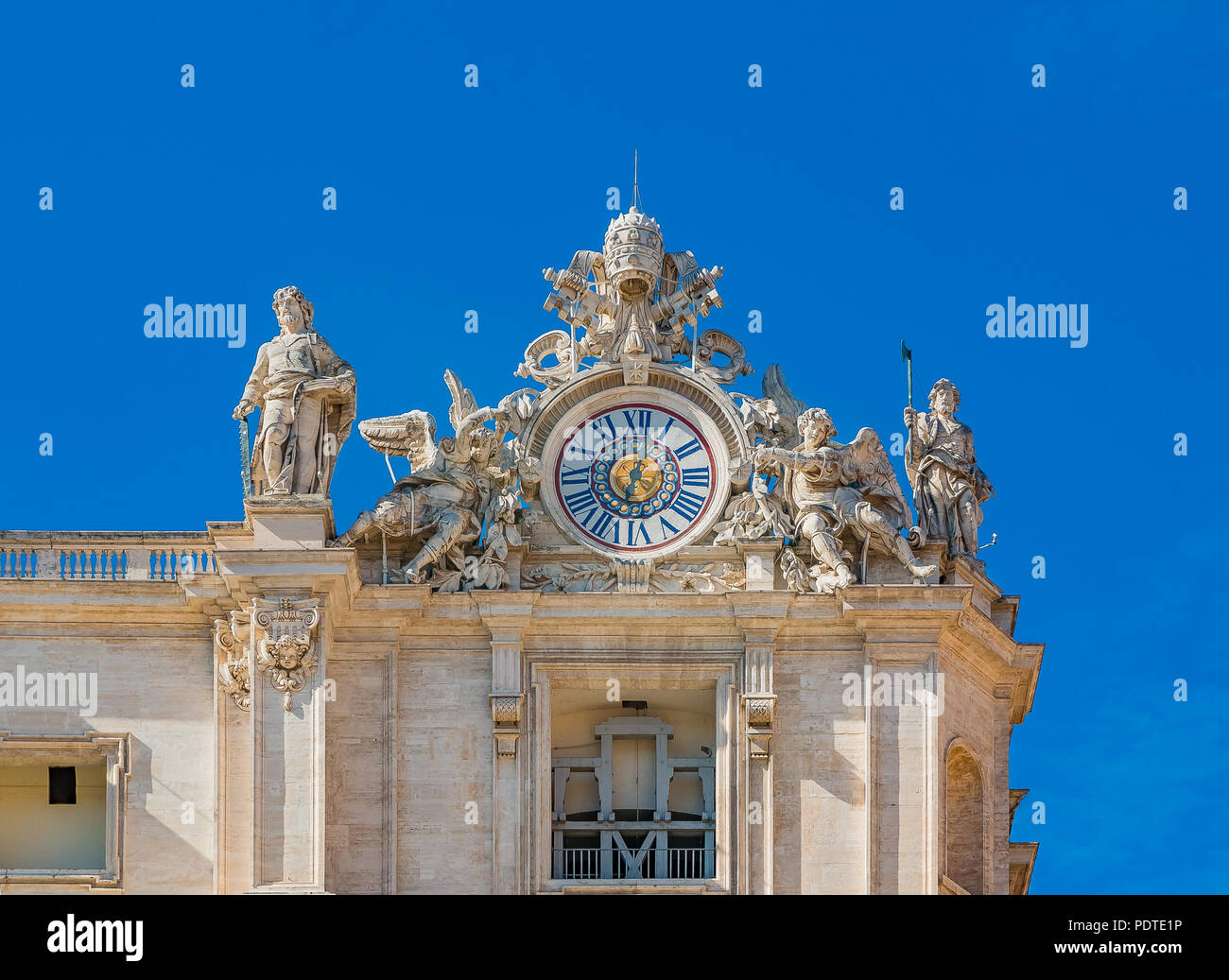 The clock and sculptures by Maderno's on Saint Peter's Basilica facade ...