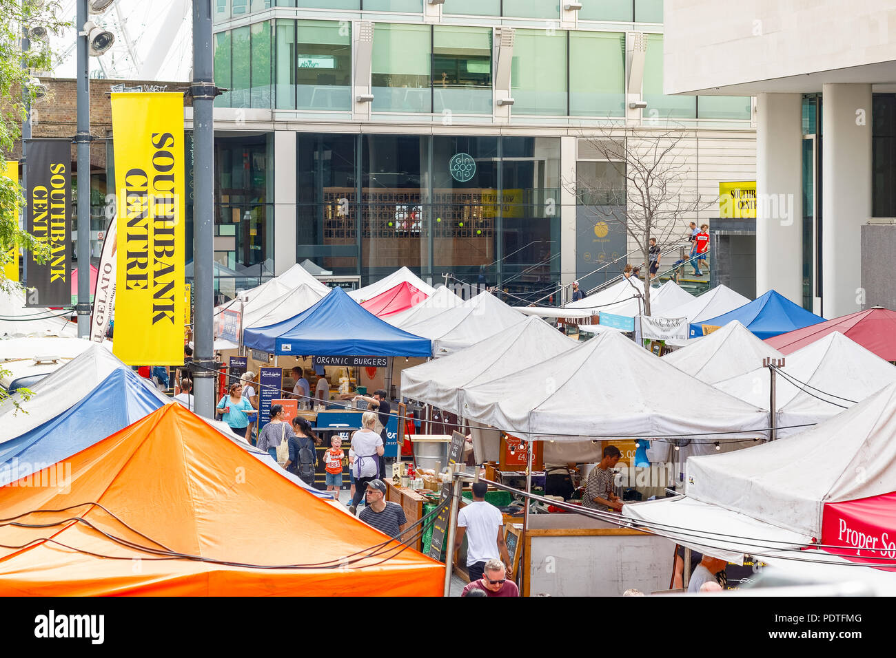 London, UK - August 7, 2018 - Colourful marquee stalls in Southbank ...
