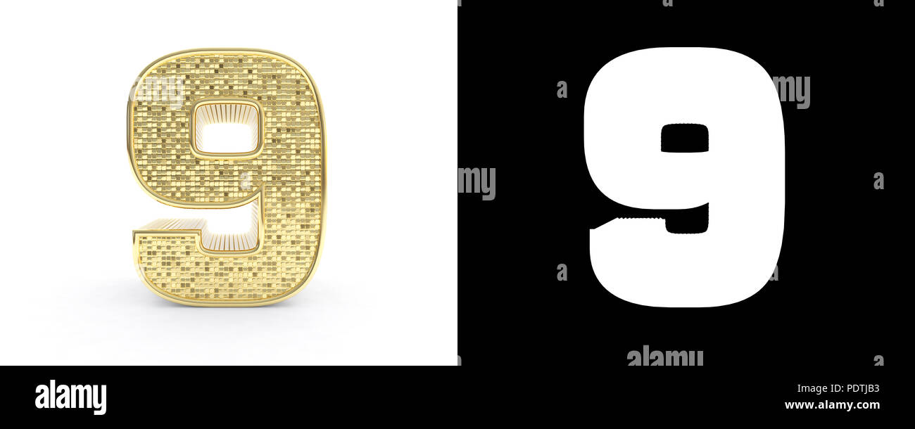 Golden number nine (number 9) on white background with drop shadow and ...