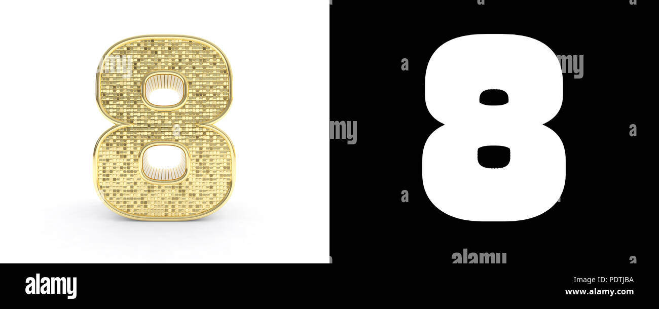 Golden number eight (number 8) on white background with drop shadow and ...