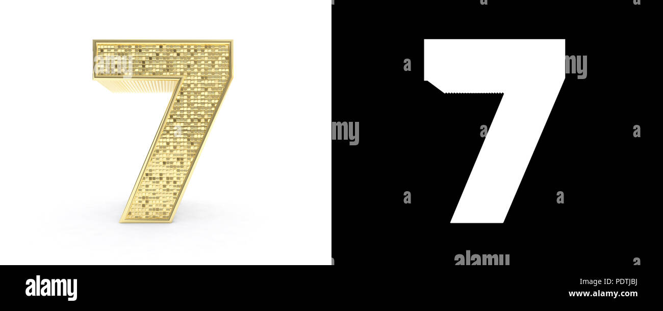 Golden number seven (number 7) on white background with drop shadow and ...