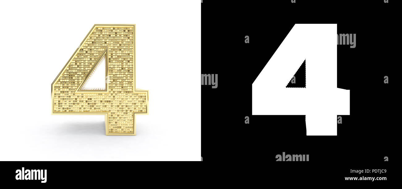 Golden number four (number 4) on white background with drop shadow and ...