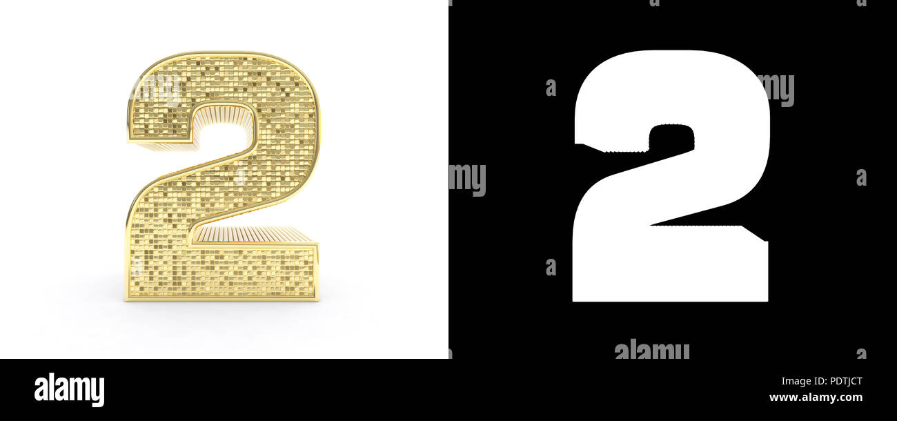 Golden number two (number 2) on white background with drop shadow and ...