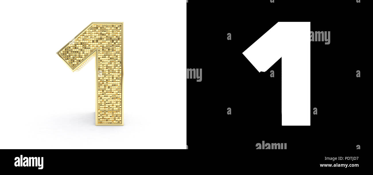 Golden number one (number 1) on white background with drop shadow and ...