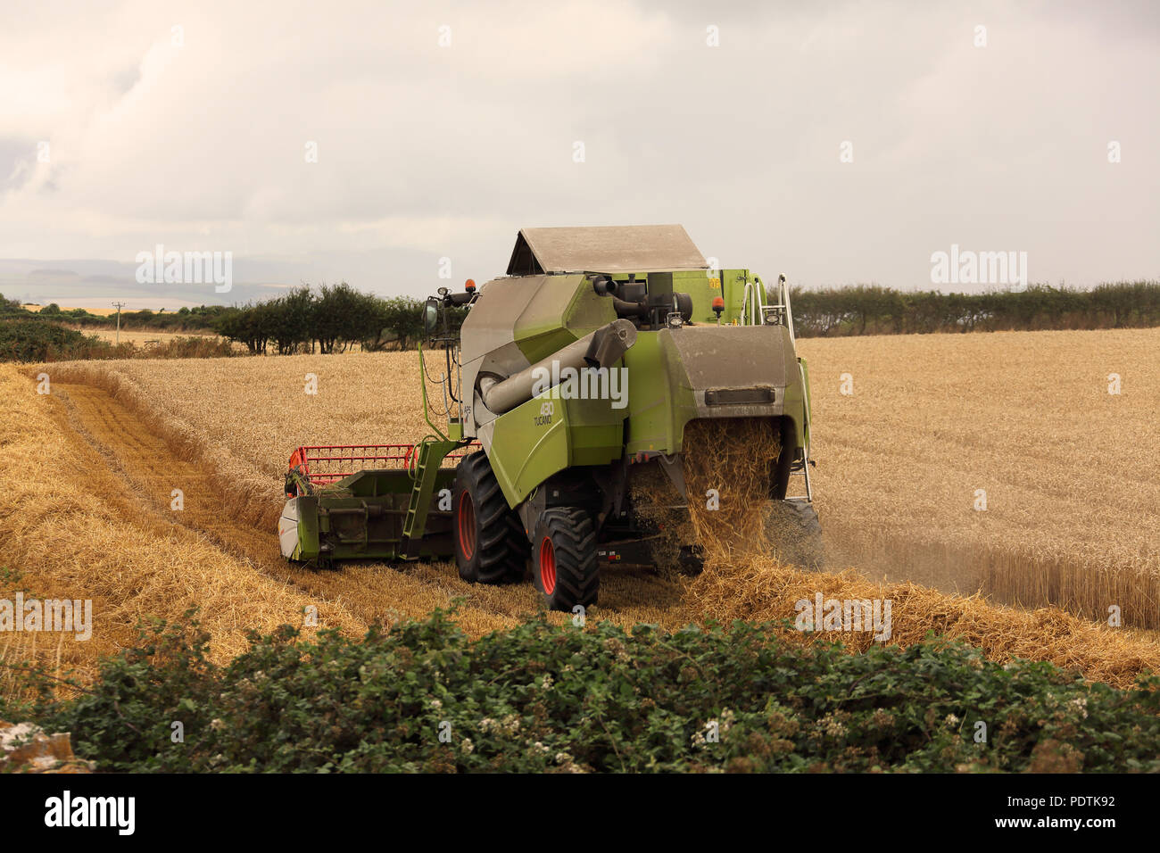 A Combine Harvester moving across the field of Wheat cutting and ...