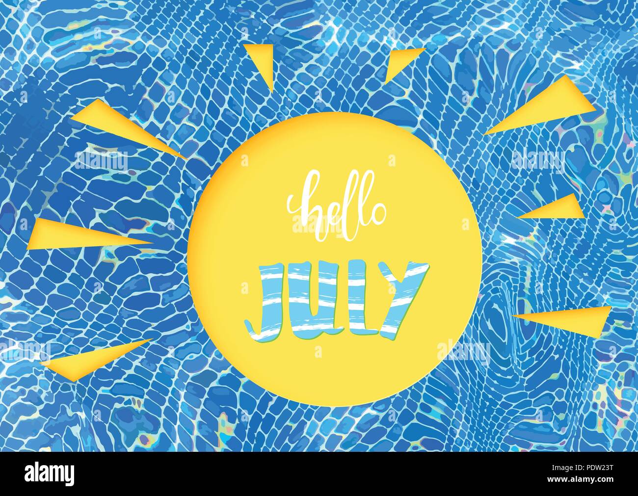 Hello July banner with sun and water background. Handwritten lettering ...
