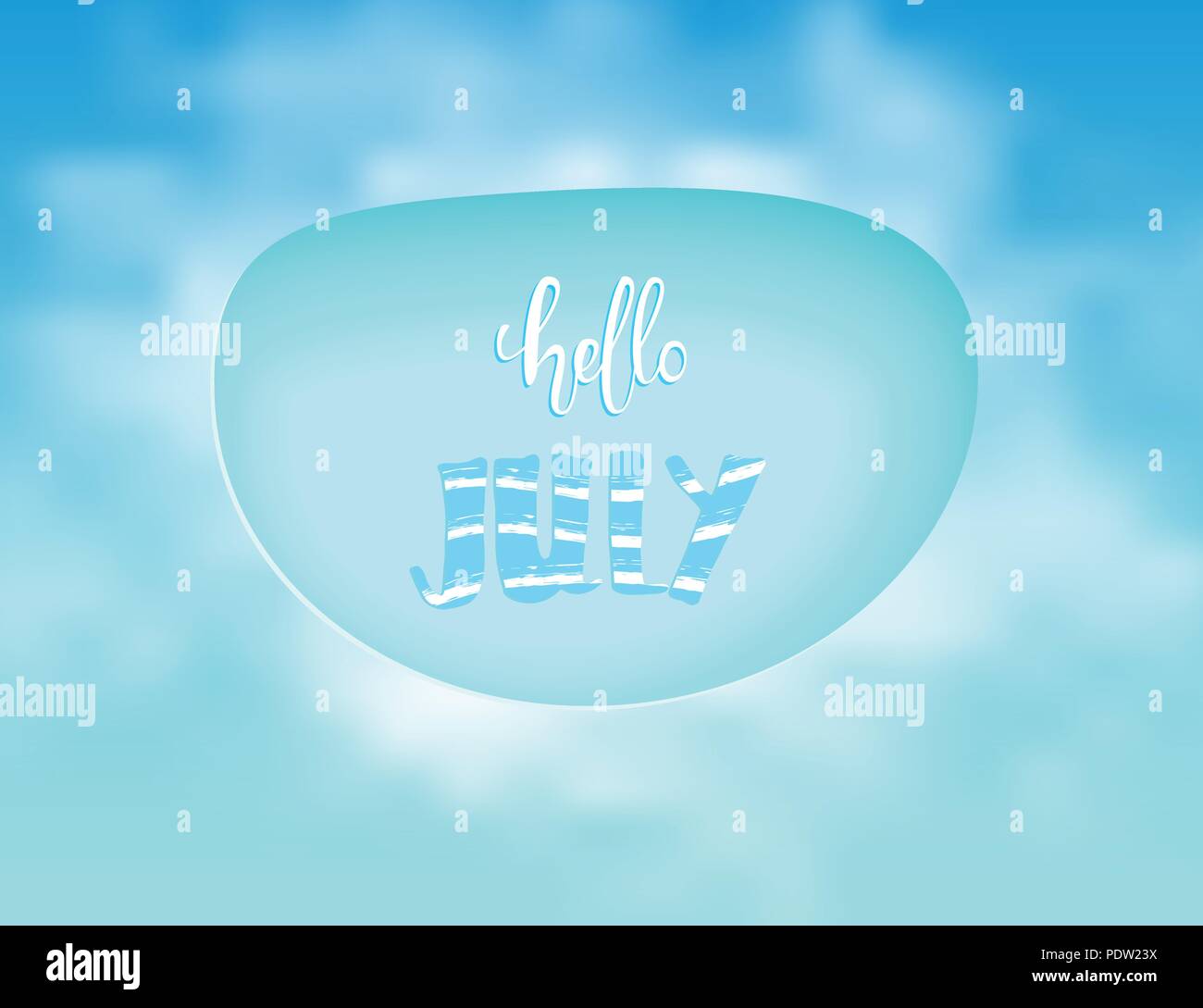 Hello July banner. Handwritten lettering on horizontal cloudy ...