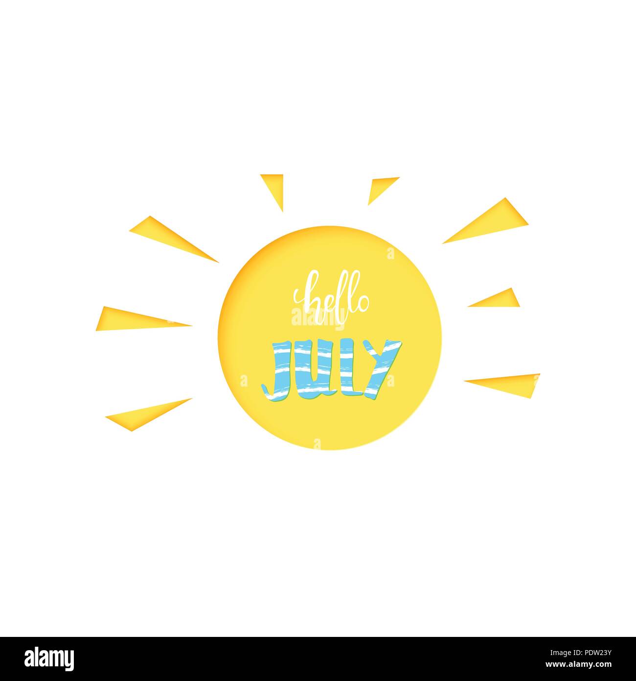 Hello July banner. Handwritten lettering and sun papercut shape ...