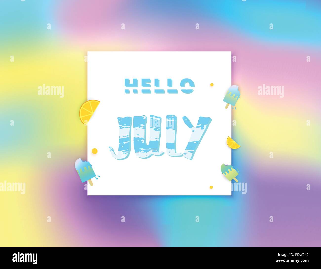 Hello July banner with gradient background. Handwritten lettering with ...