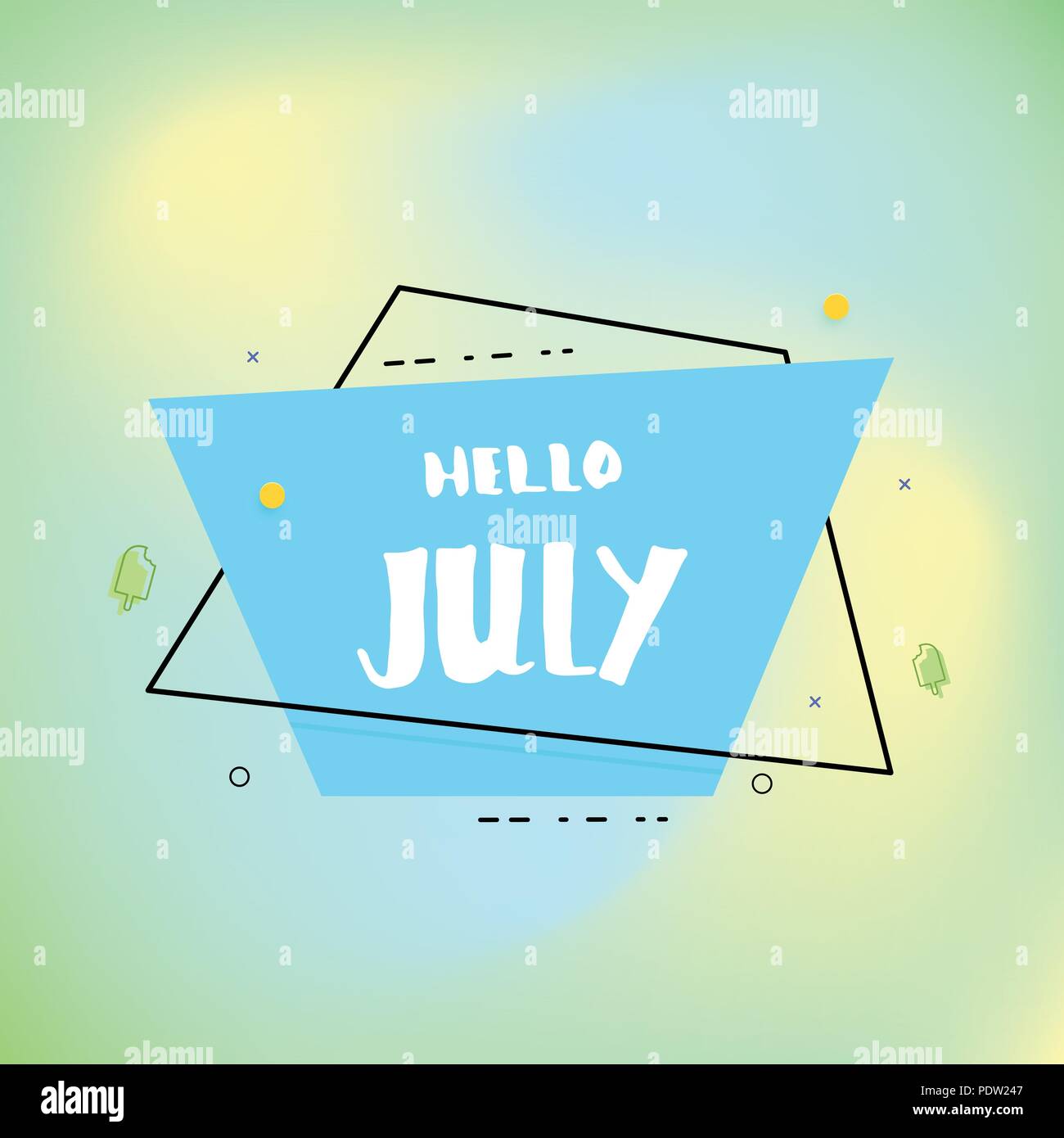 Hello July banner with geometric shape. Handwritten lettering. Vector ...