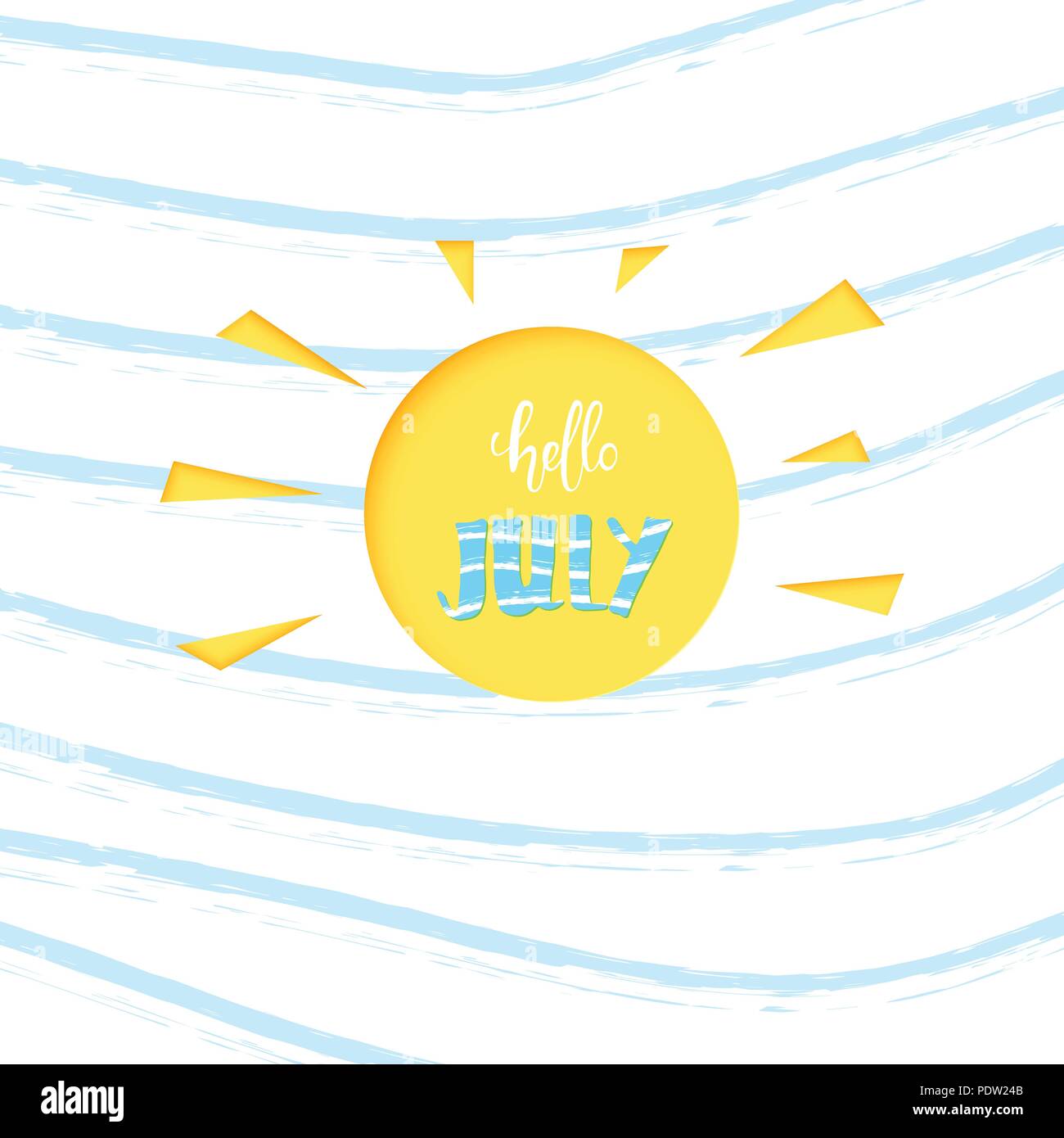 Hello July banner with sun shape. Handwritten creative decoration ...