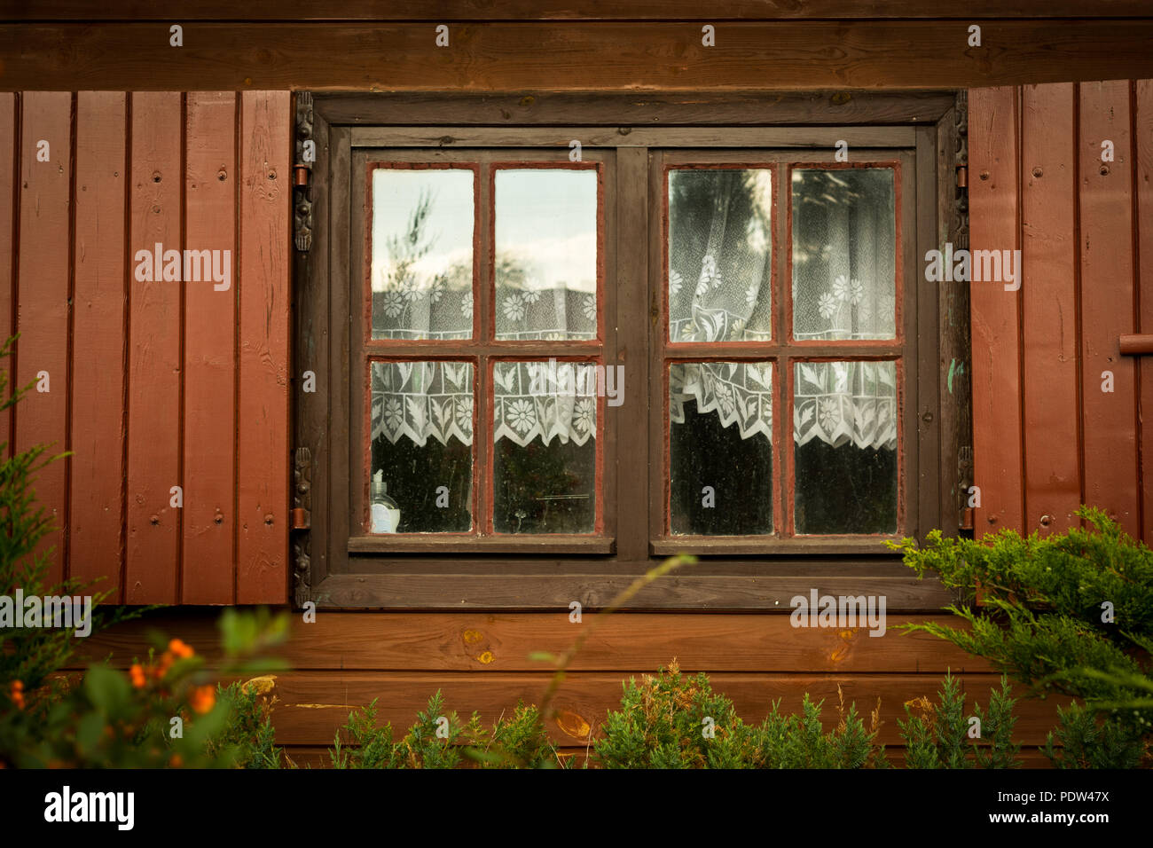 Dirty windows and shutters in the wooden house the countryside Stock ...
