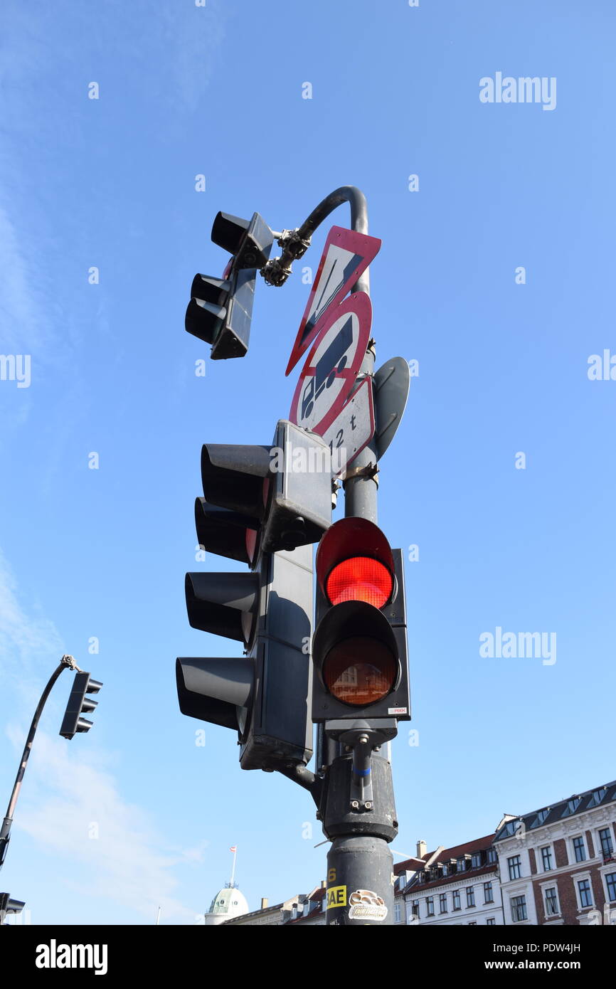 Traffic Light and Warning Signs in Copenhagen, Denmark Stock Photo - Alamy