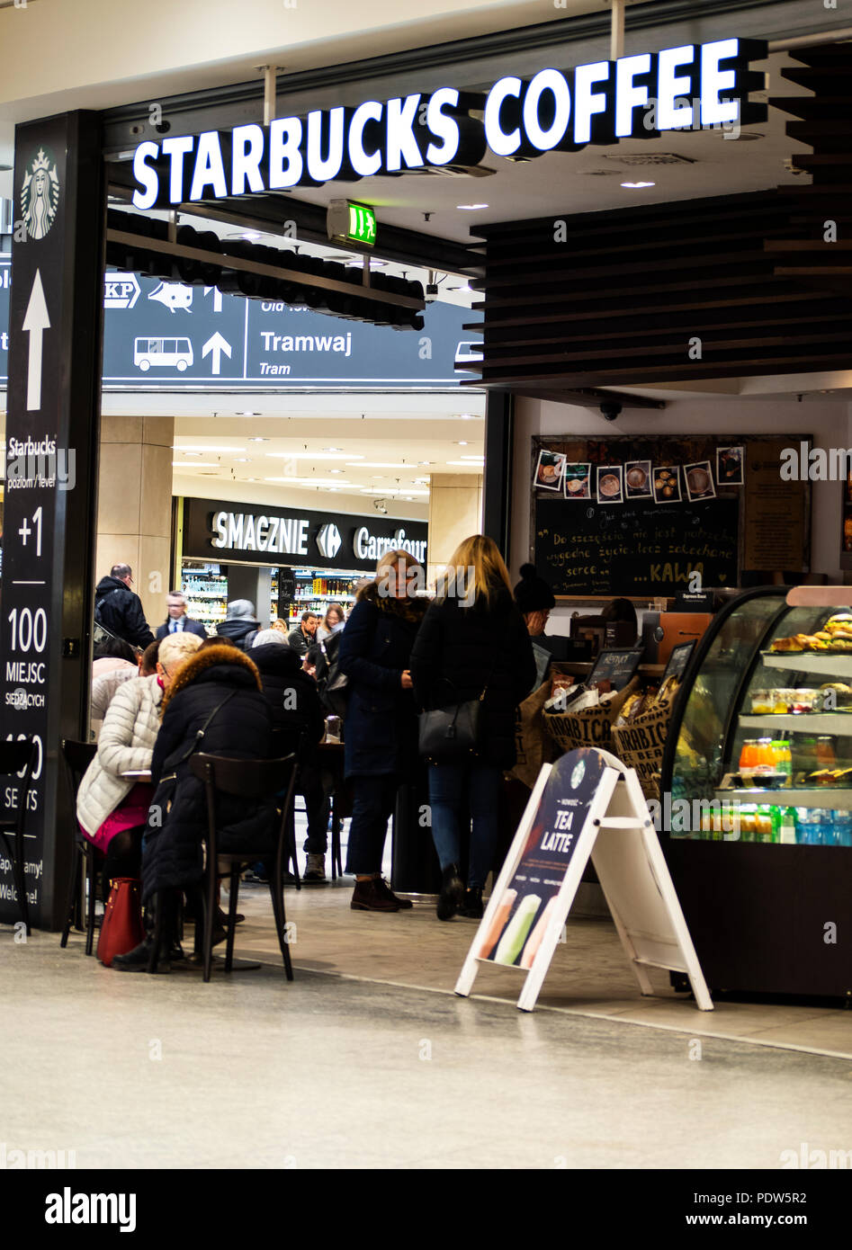 POLAND, KRAKOW - March 20, 2018: Starbucks Coffee restaurant in Galeria ...