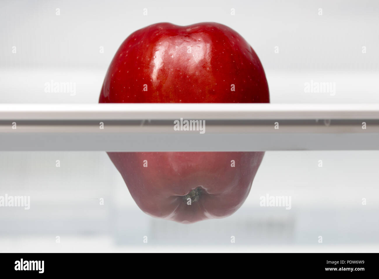 A red apple on a shelf in an fridge. One fresh apple in an refrigerator ...