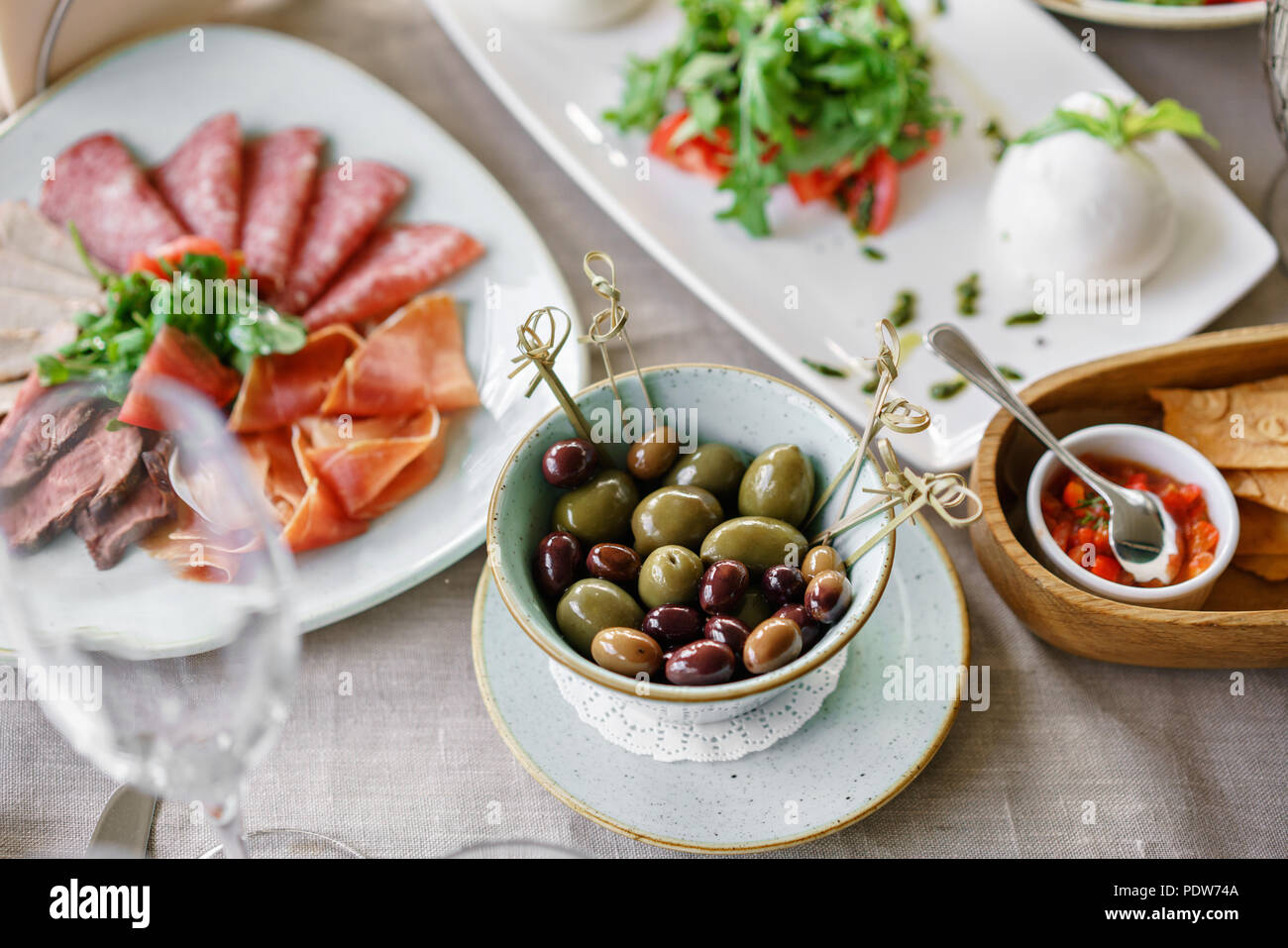Different meals for the guests on Banquet table. delicious dishes on ...
