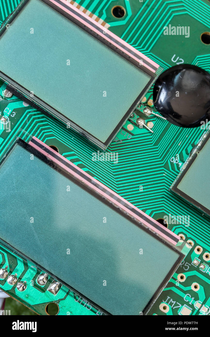 Miniature LCD panels on the motherboard. Circuit Board close-up. Detail ...