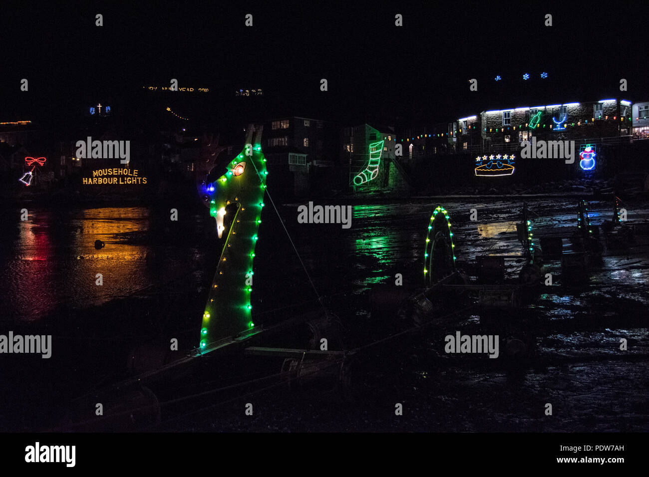 Mousehole Christmas Lights, Mousehole Harbour, Cornwall UK Stock Photo ...