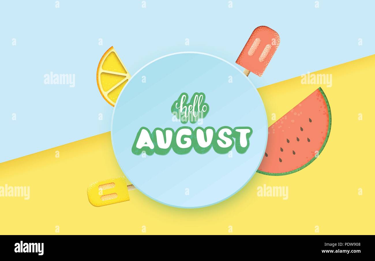 Hello august greeting card composition. Handwritten sticker lettering ...