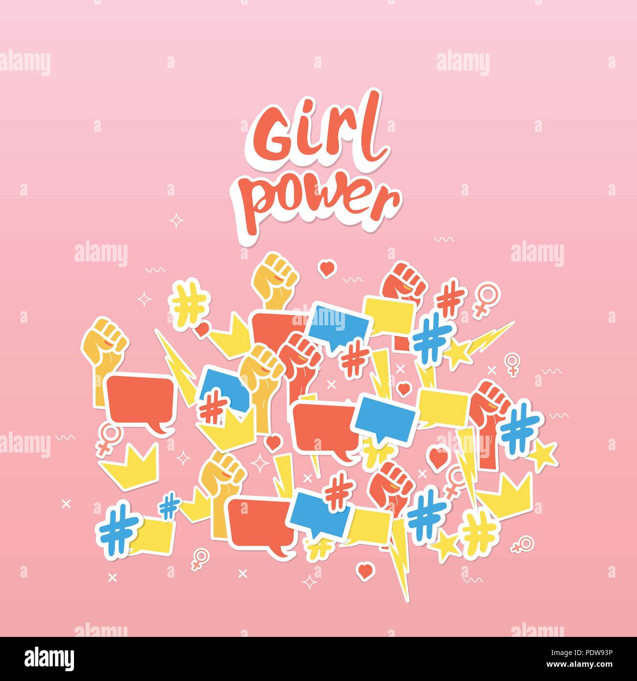 Girl power composition stickers card. Background with simple items ...
