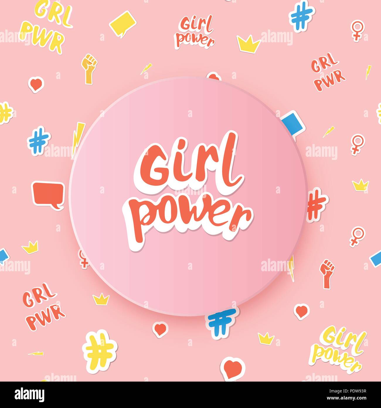Girl power composition with round badge, handwritten lettering ...