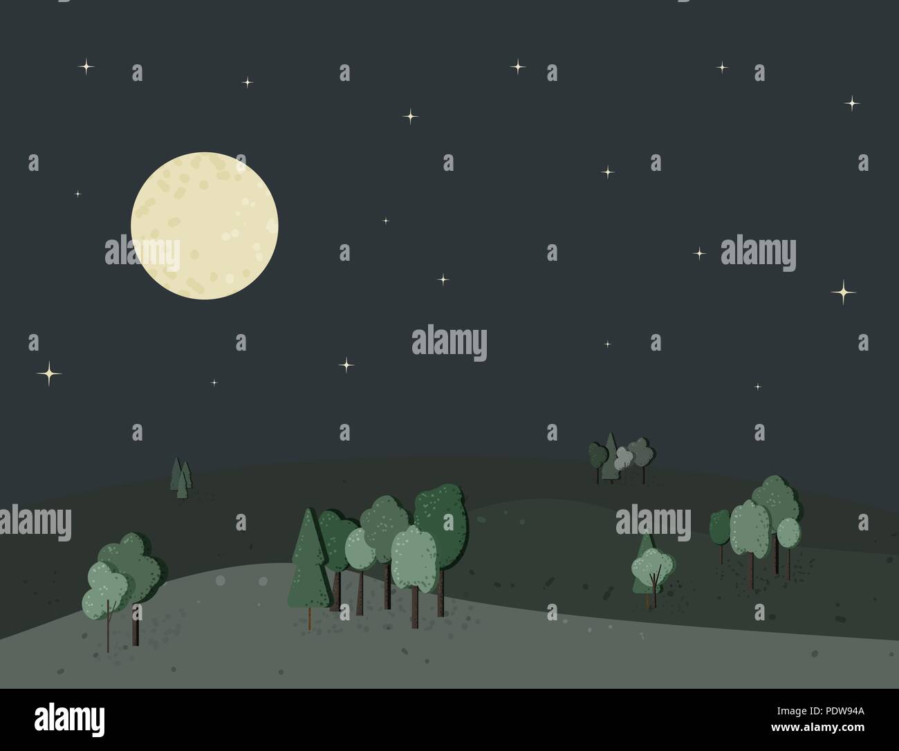 Vector illustration of night landscape. Dark background with trees ...