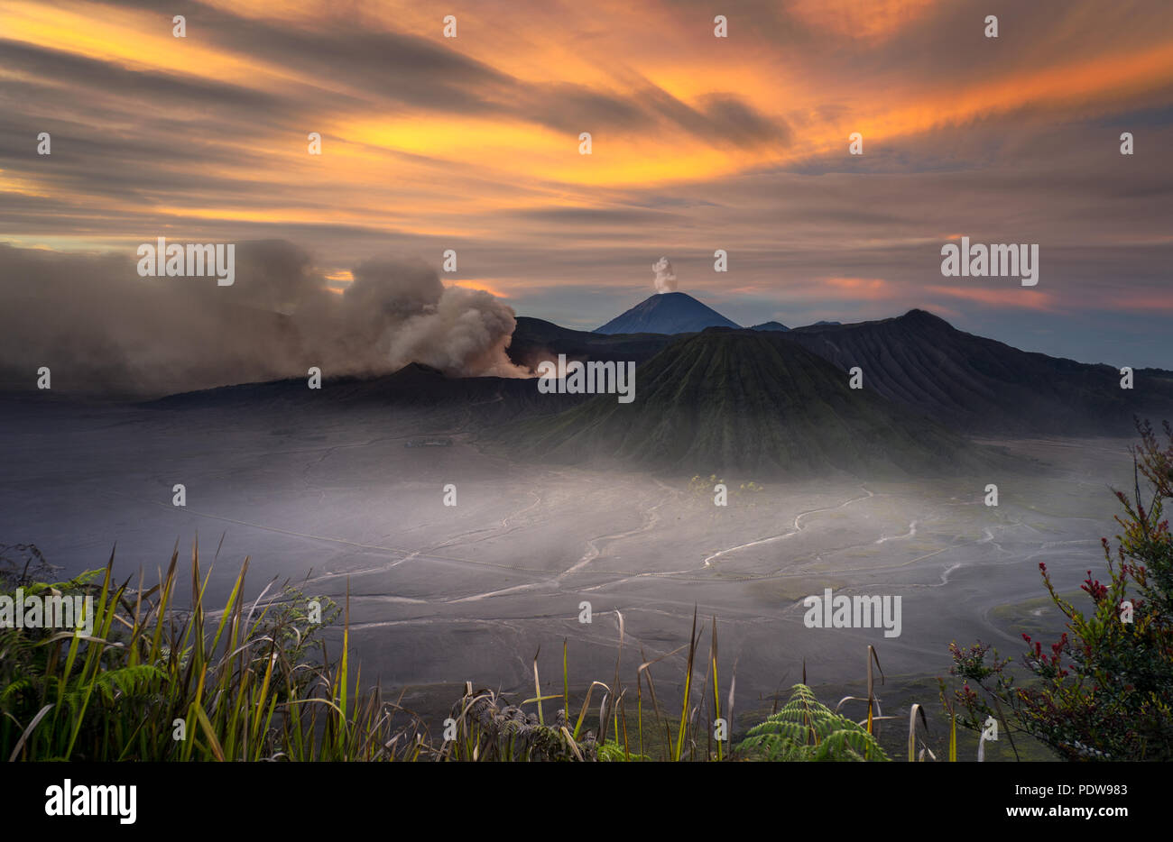 Panorama view of Mount Bromo volcano, in Bromo Tengger Semeru National ...