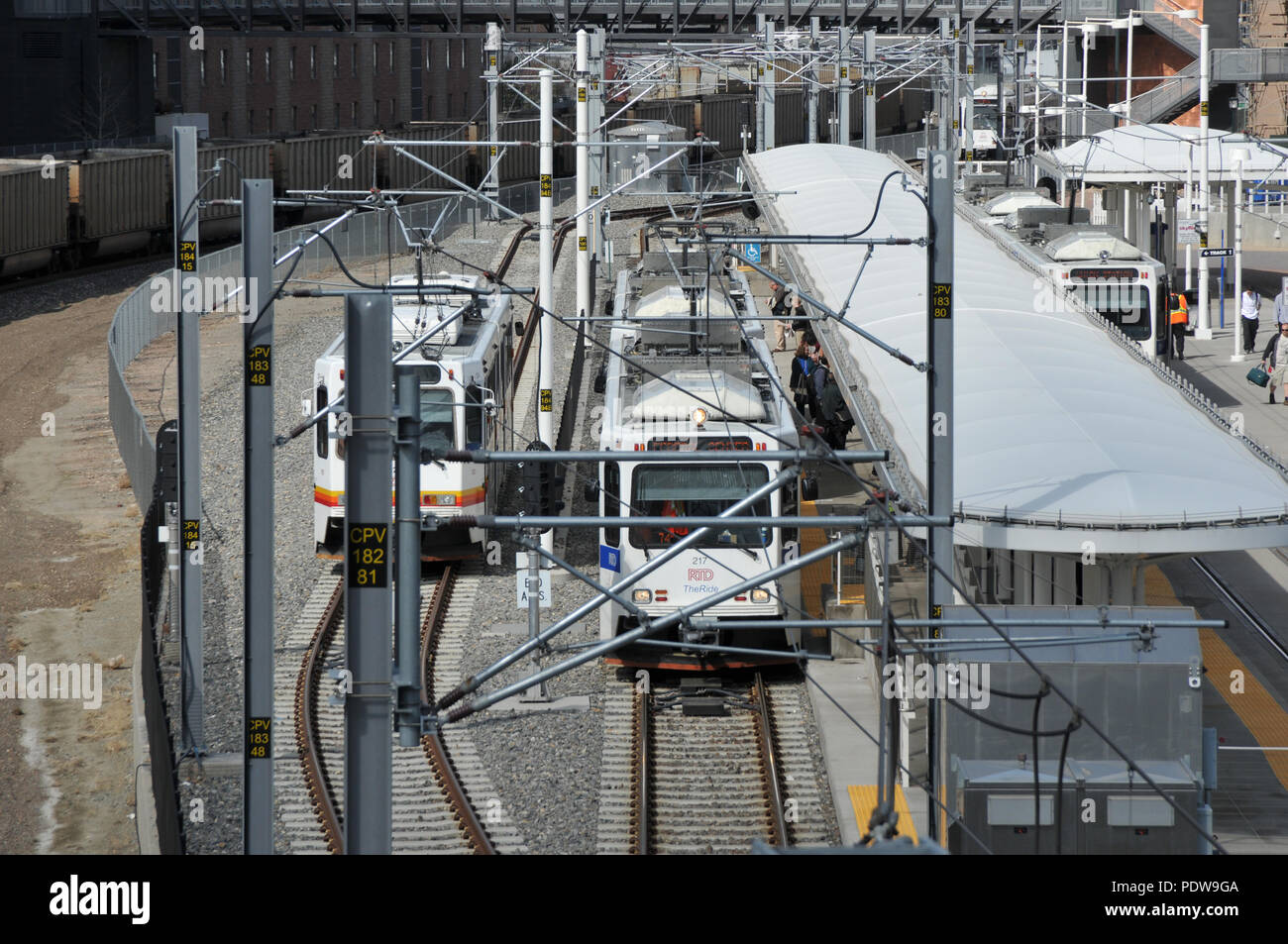 Light rail train from above at the Union Station stop in Denver Stock ...