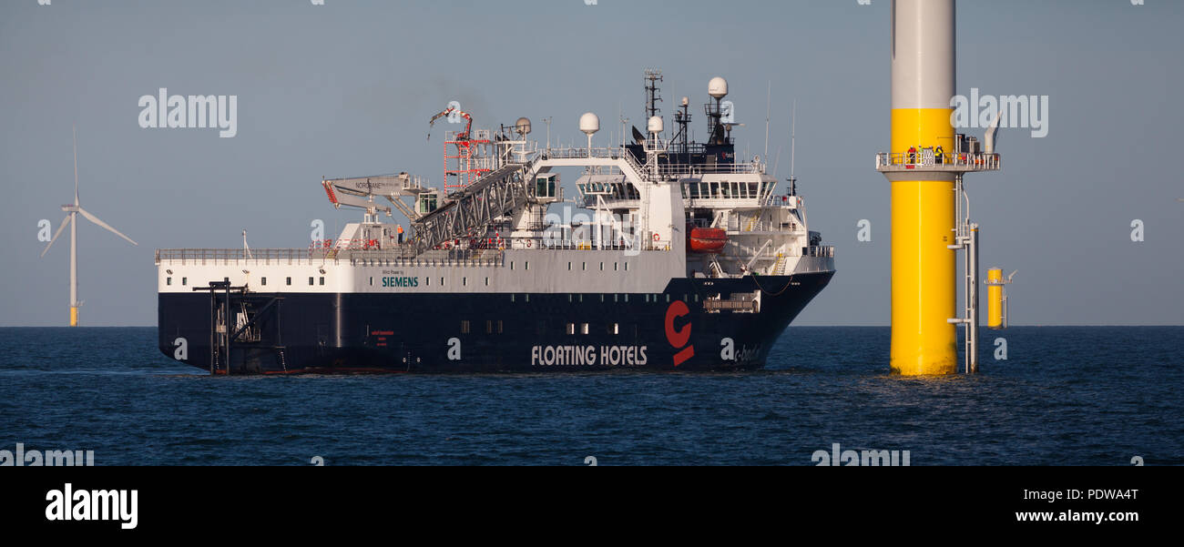 The floating hotel ship, Wind Innovation, working for Siemens during ...