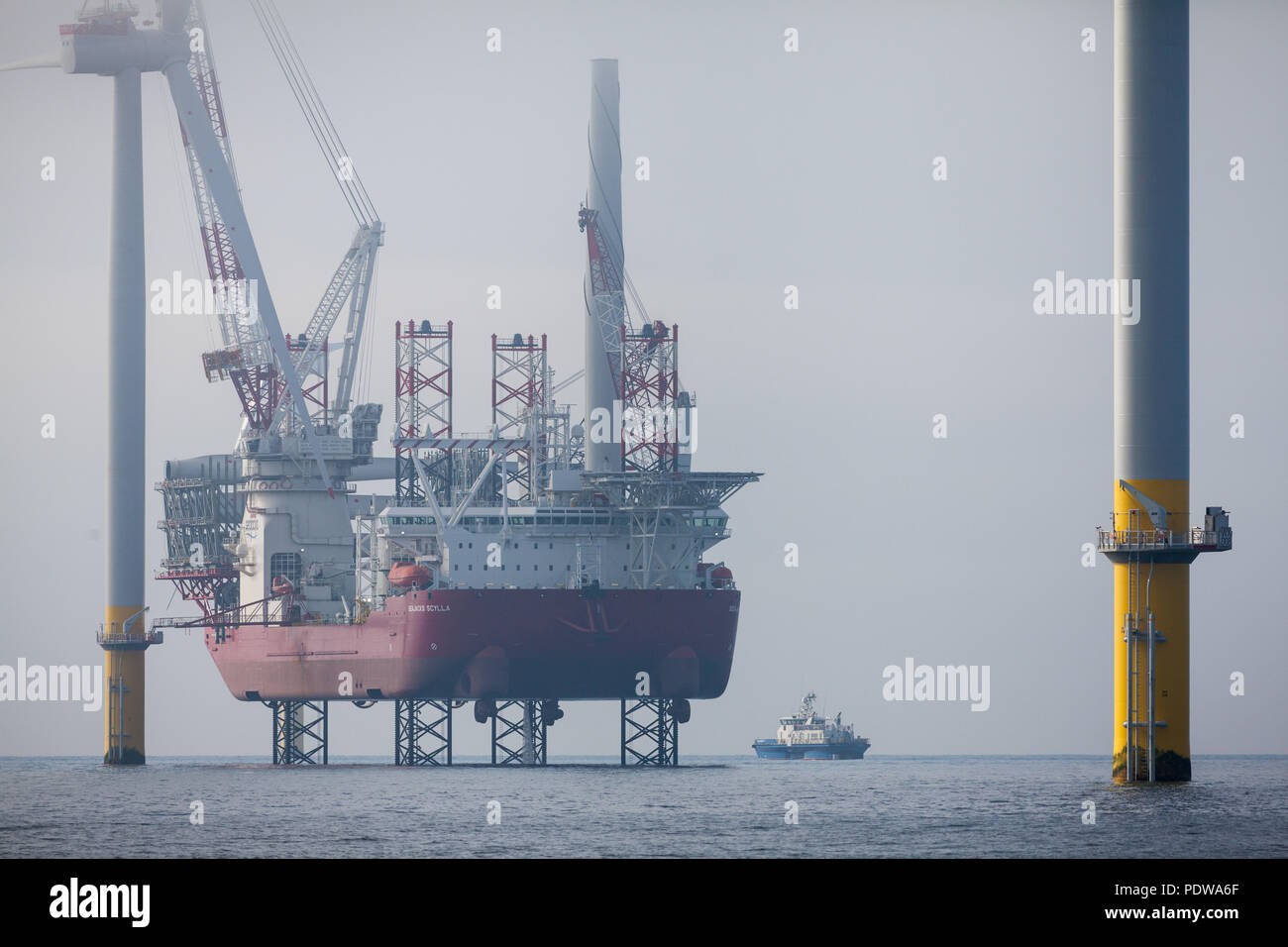 The wind turbine installation vessel Seajacks Scylla installing Siemens ...