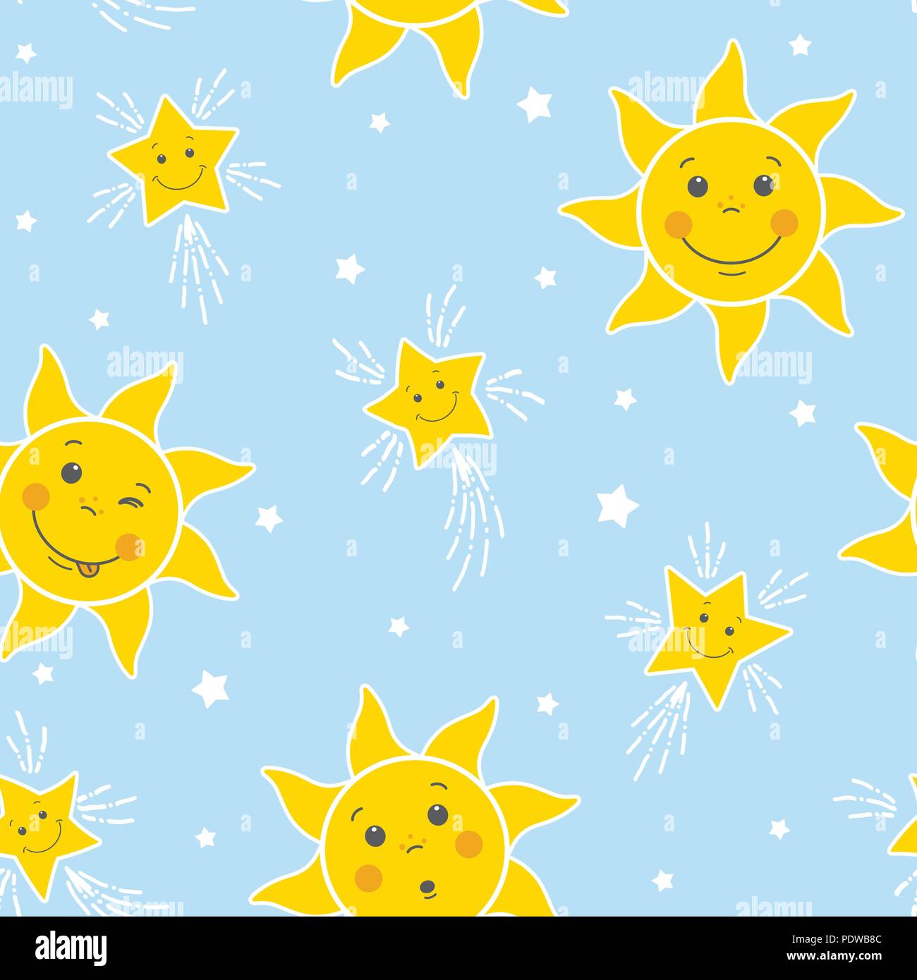 seamless pattern with funny suns and stars on a blue sky background ...