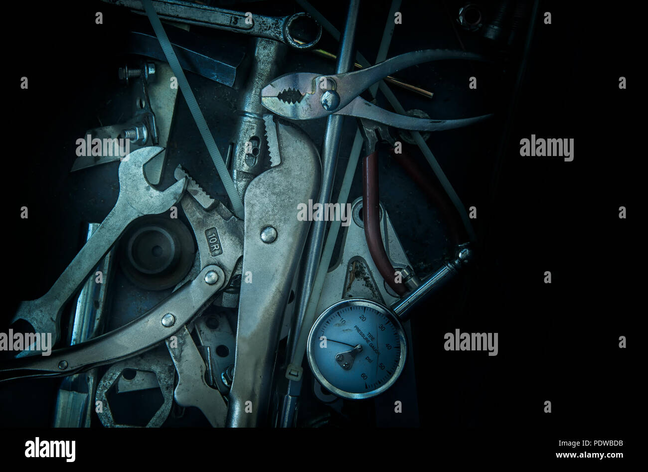 Dirty set of mechanic tools Stock Photo - Alamy