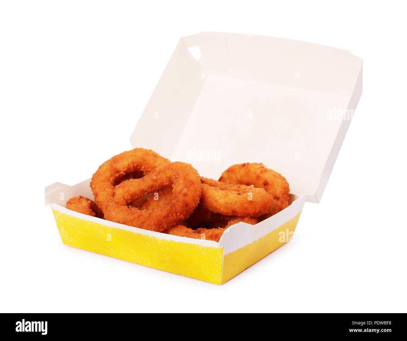 Breaded onion rings in cardboard box isolated on a white background ...