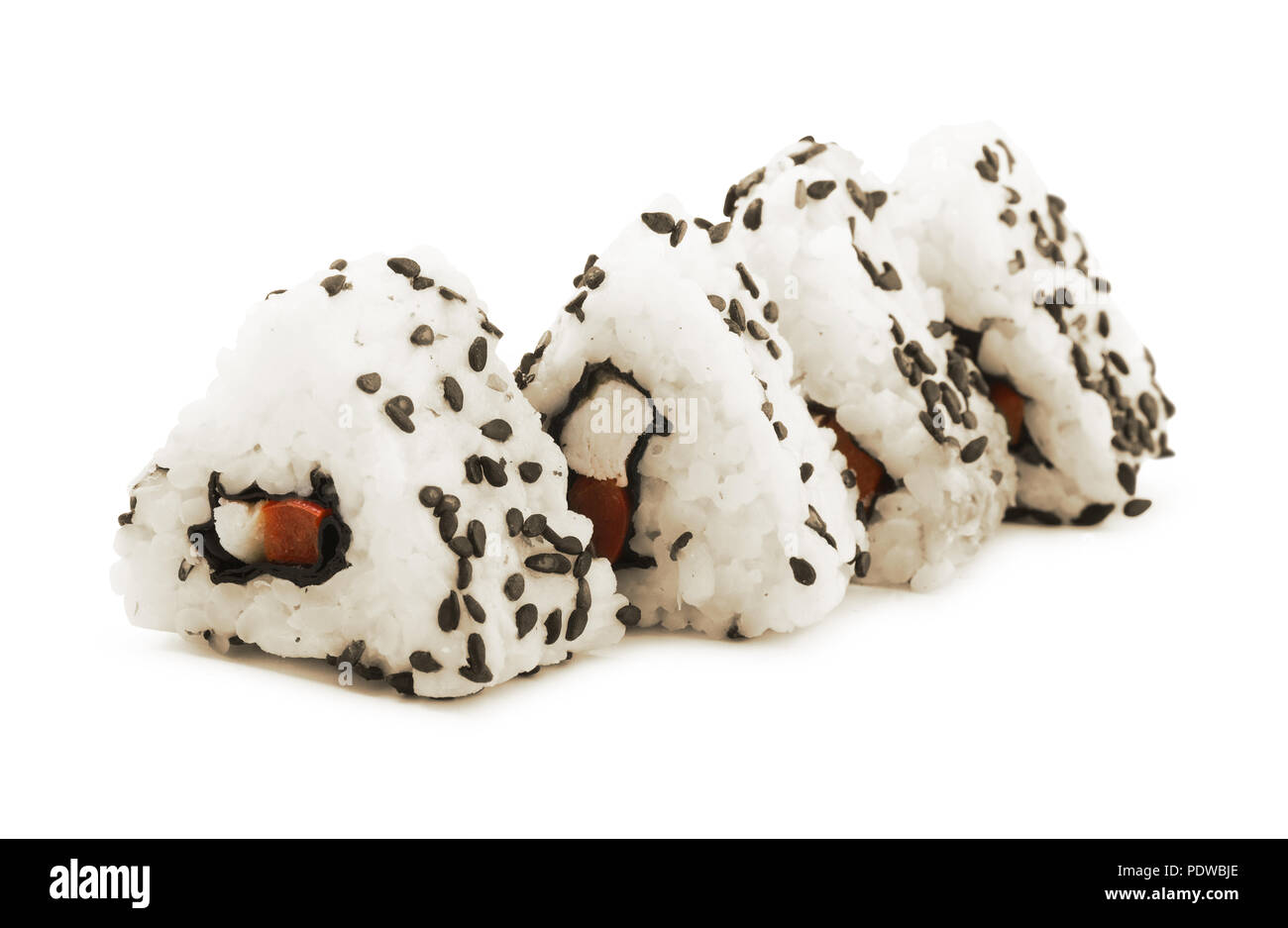 Triangular sushi with cucumber sesame seeds isolated on a white ...